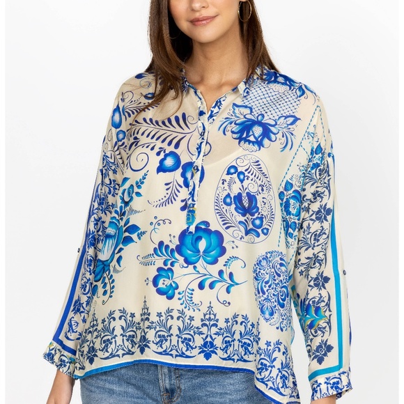 Johnny Was | Tops | Johnny Was Farrow Seline Silk Blouse Floral Blue Sz ...